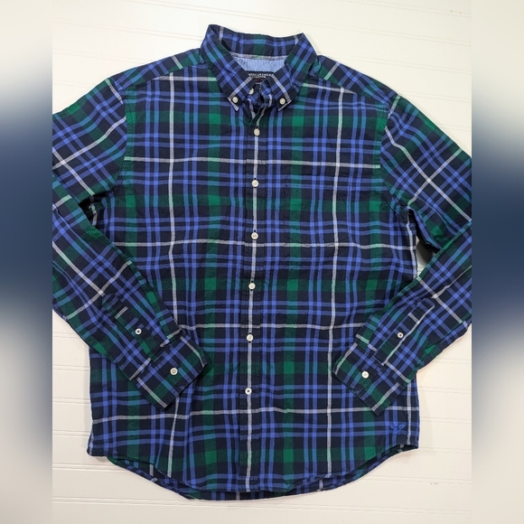 American Eagle Outfitters | Shirts | Aeo Blugreen Plaid Prep Fit Button ...